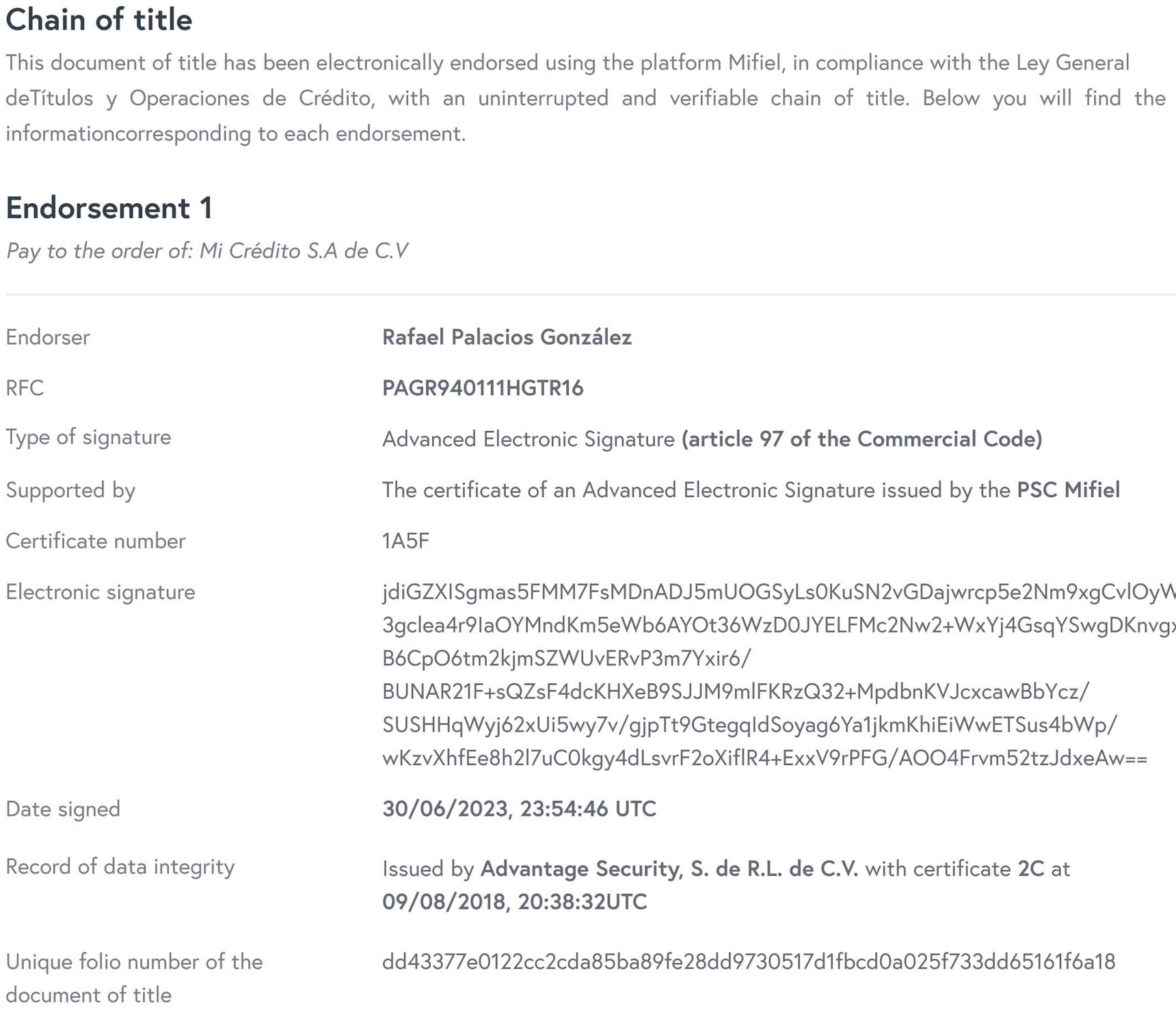 Mifiel signature page: what information does it provide?