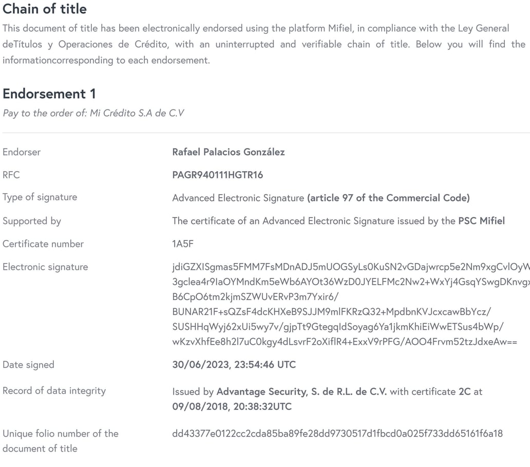 Mifiel signature page: what information does it provide?