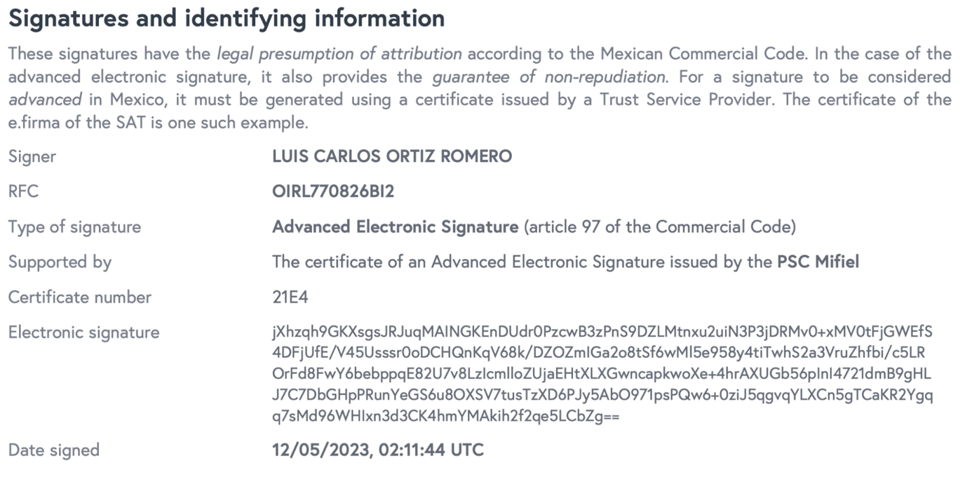 Mifiel signature page: what information does it provide?